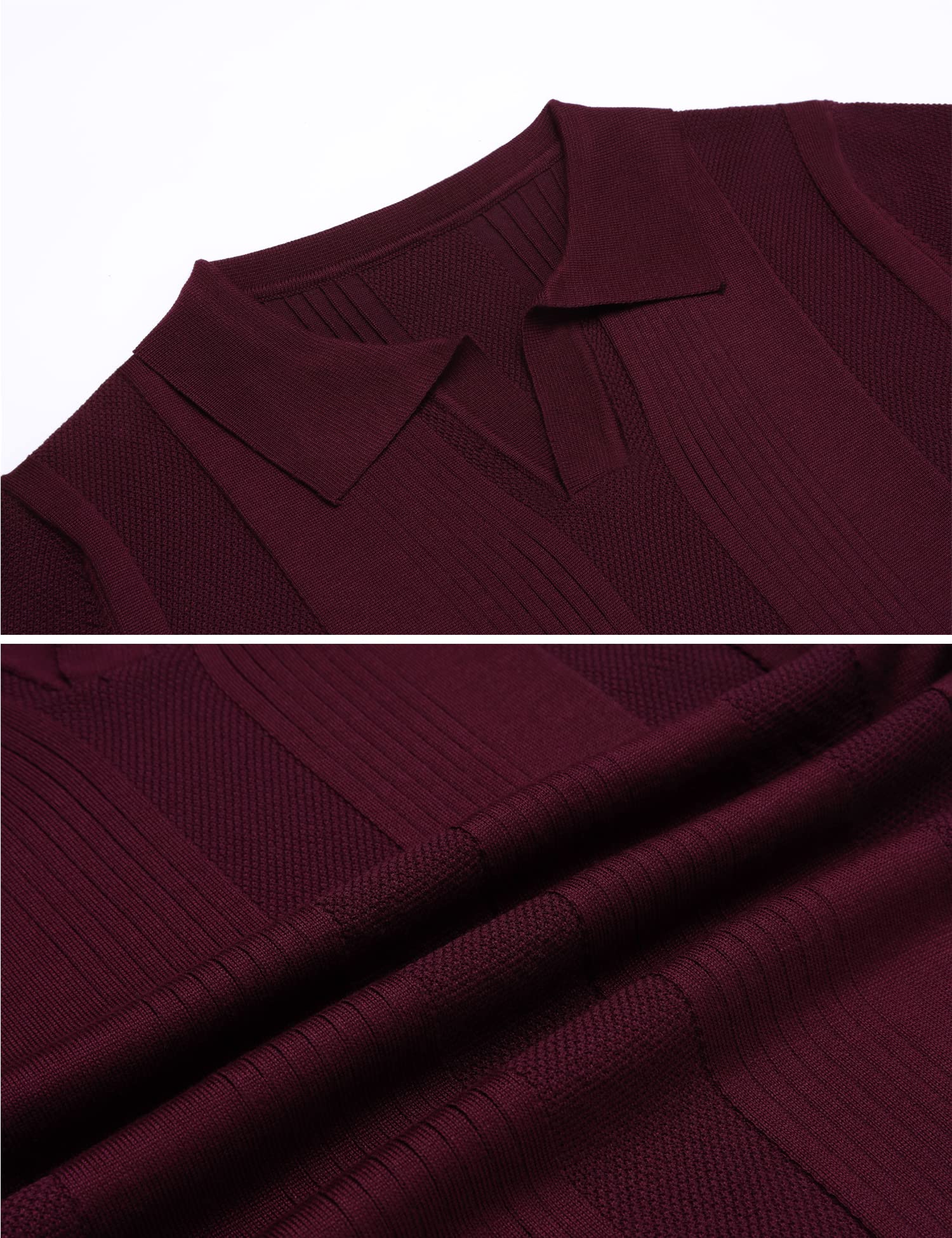 CHOMOLEZA Men's Slim Fit Knit Polo Shirt Long Sleeve Casual Basic Tee Stretch Golf Shirt Muscle Fit T-Shirt Wine Red M