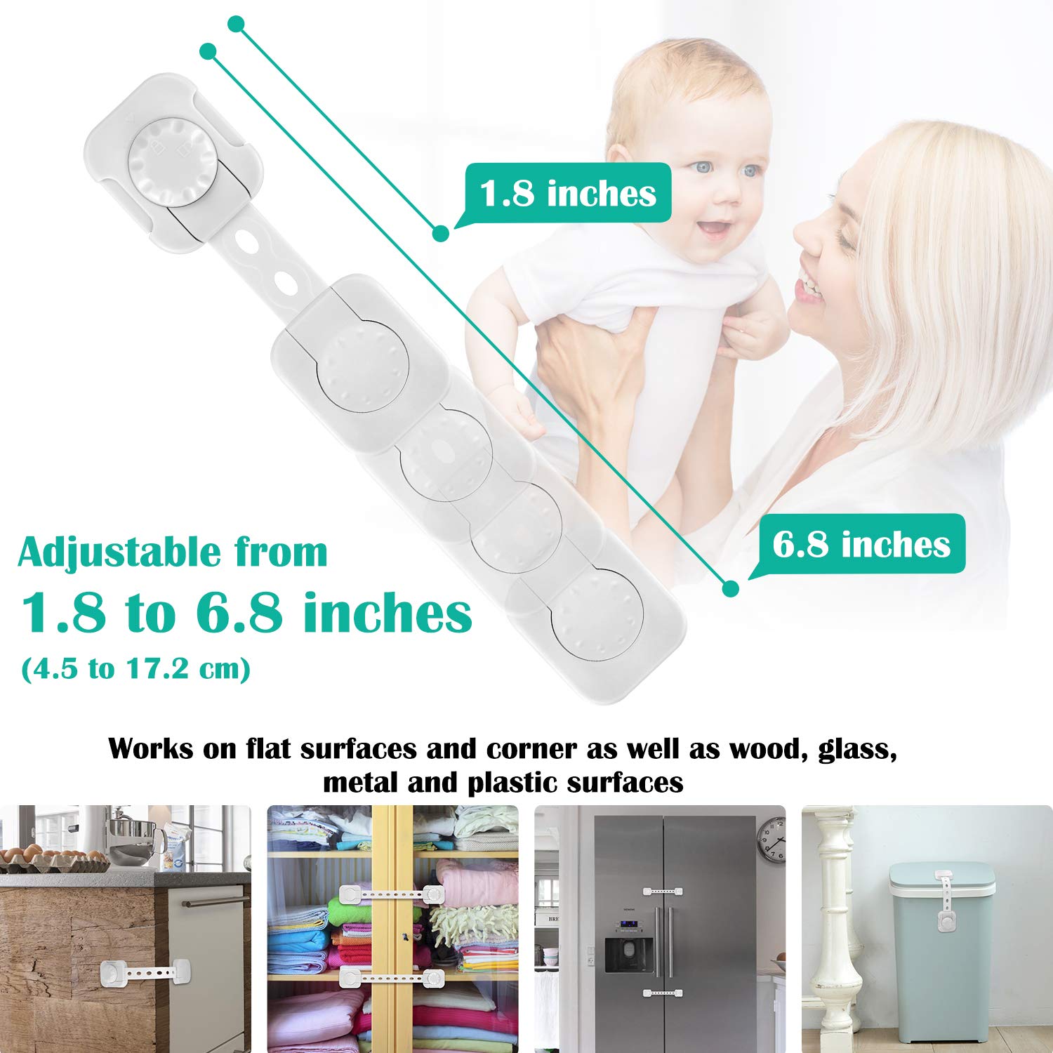 Cabinet Locks (10 Pack) Child Proof Cabinet Locks Upgraded Double Lock System Hard for Kid to Open Drawer Locks Child Safety Adjustable Refrigerator Lock for Cabinet, Drawer, Fridge No Drilling Needed