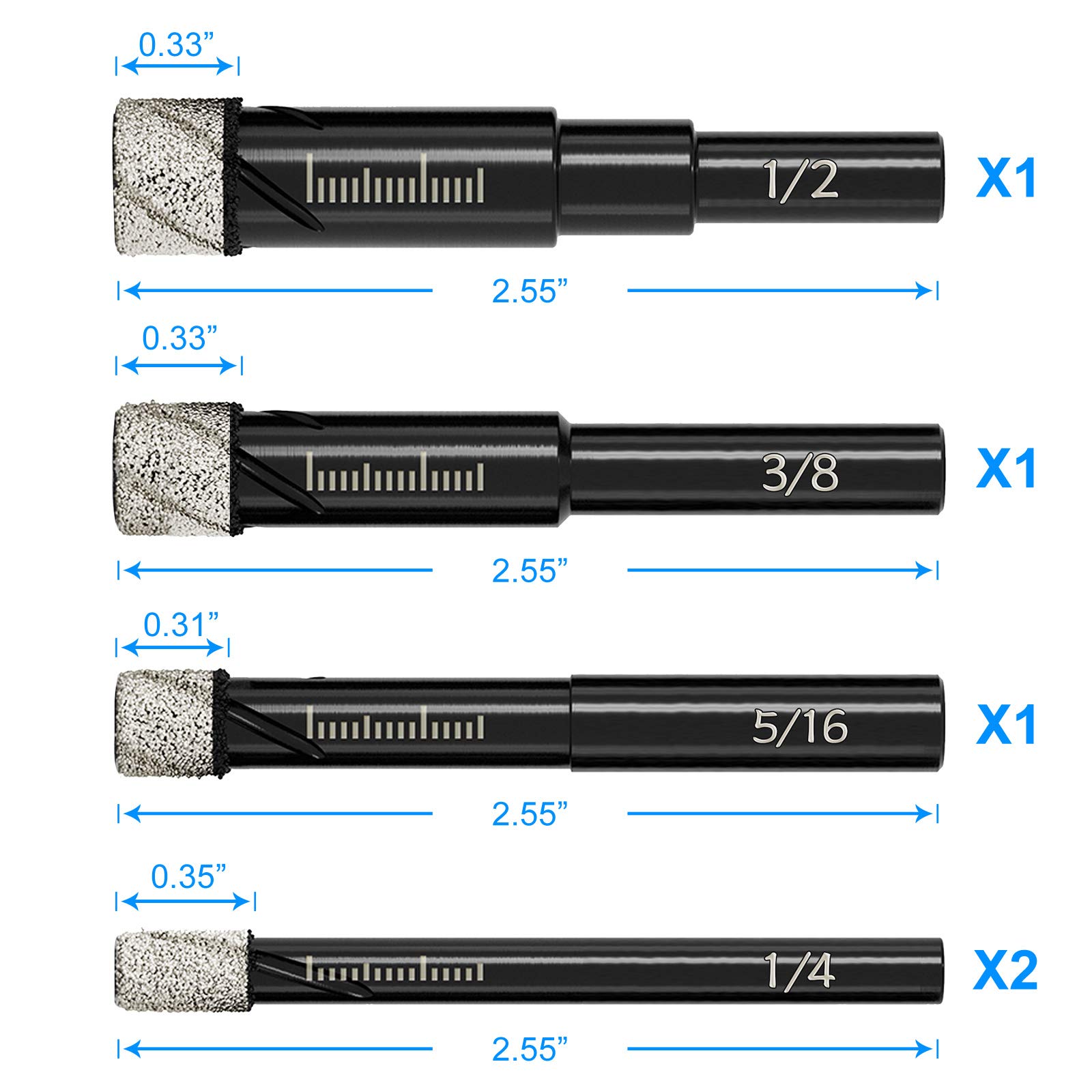 Dry Diamond Drill Bits Set 5 PCs for Granite Ceramic Marble Tile Stone Glass Hard Materials (not for Wood), Round Shank 1/4, 5/16, 3/8, 1/2 inch with Storage Case