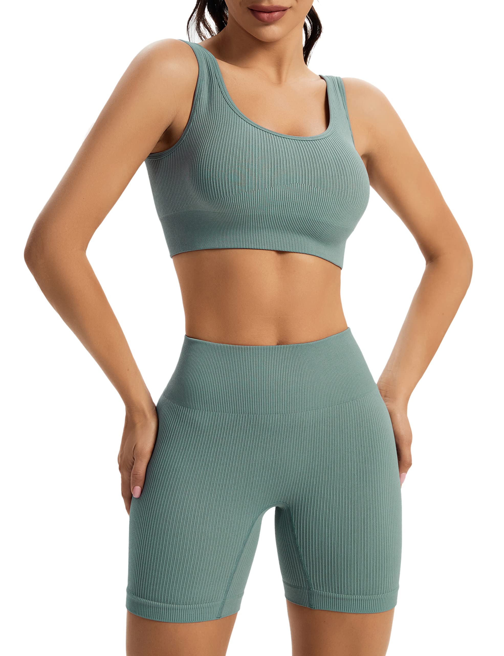 Chiphell Workout Outfits for Women 2 Piece High Waist Biker Shorts With Seamless Sports Bra Exercise Sets Tracksuit Green