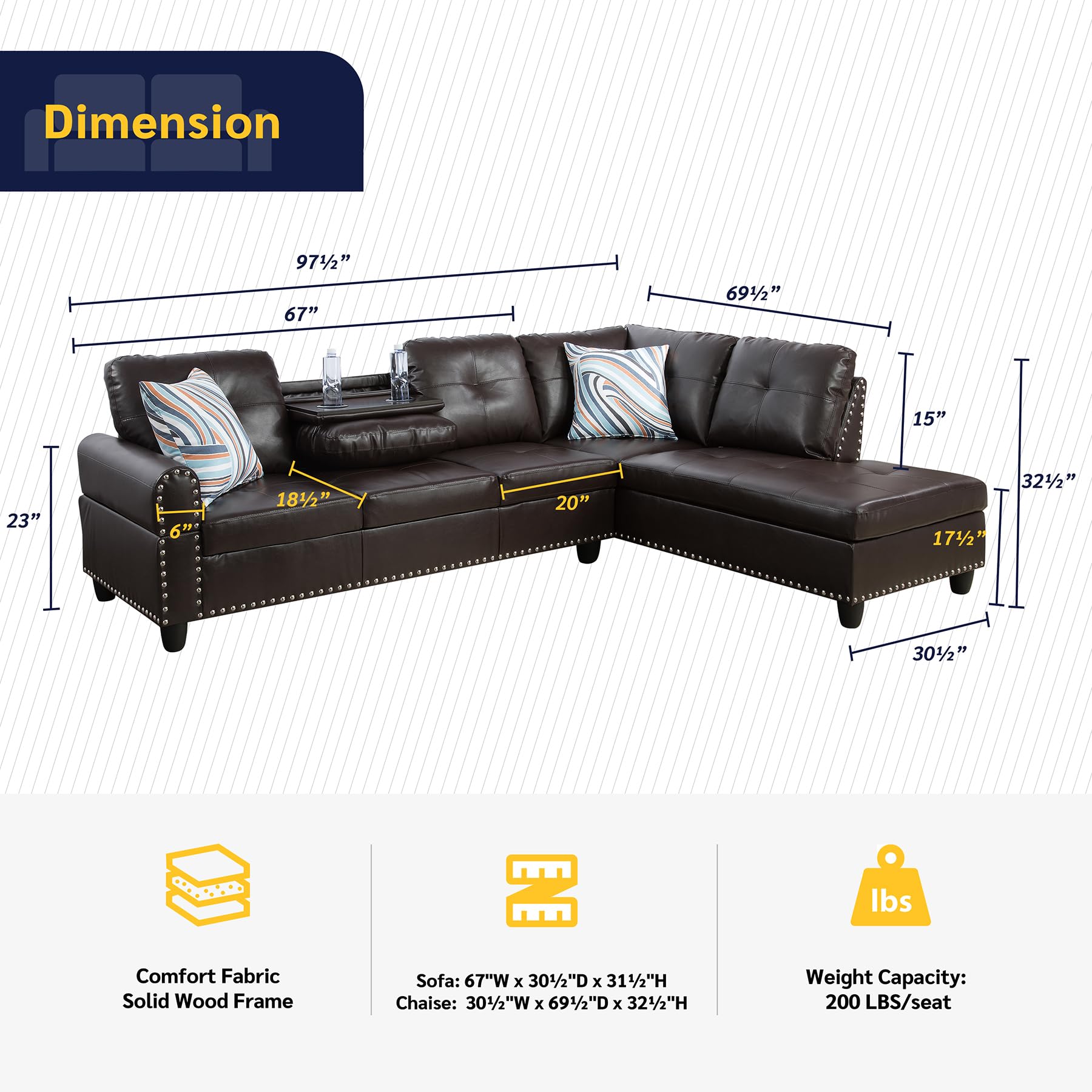 FUOROLA Fountainblue Right Facing Sectional (Sofa+Chaise), 97.5x69.5, Brown-Faux Leather