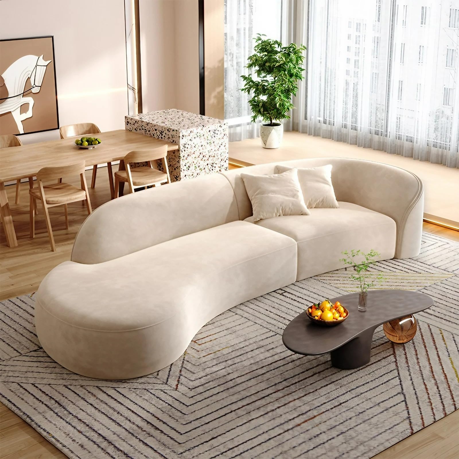 Curved Sofa, Sectional Corner Sofa, Modern Luxury Double Chaise Oversized Curved Couch, L-Shape Upholstery 3 Seater Sofa Couch for Apartment and Living Room (Ivory Left-Facing, 94.5"L*33.5"W*30.7"H)