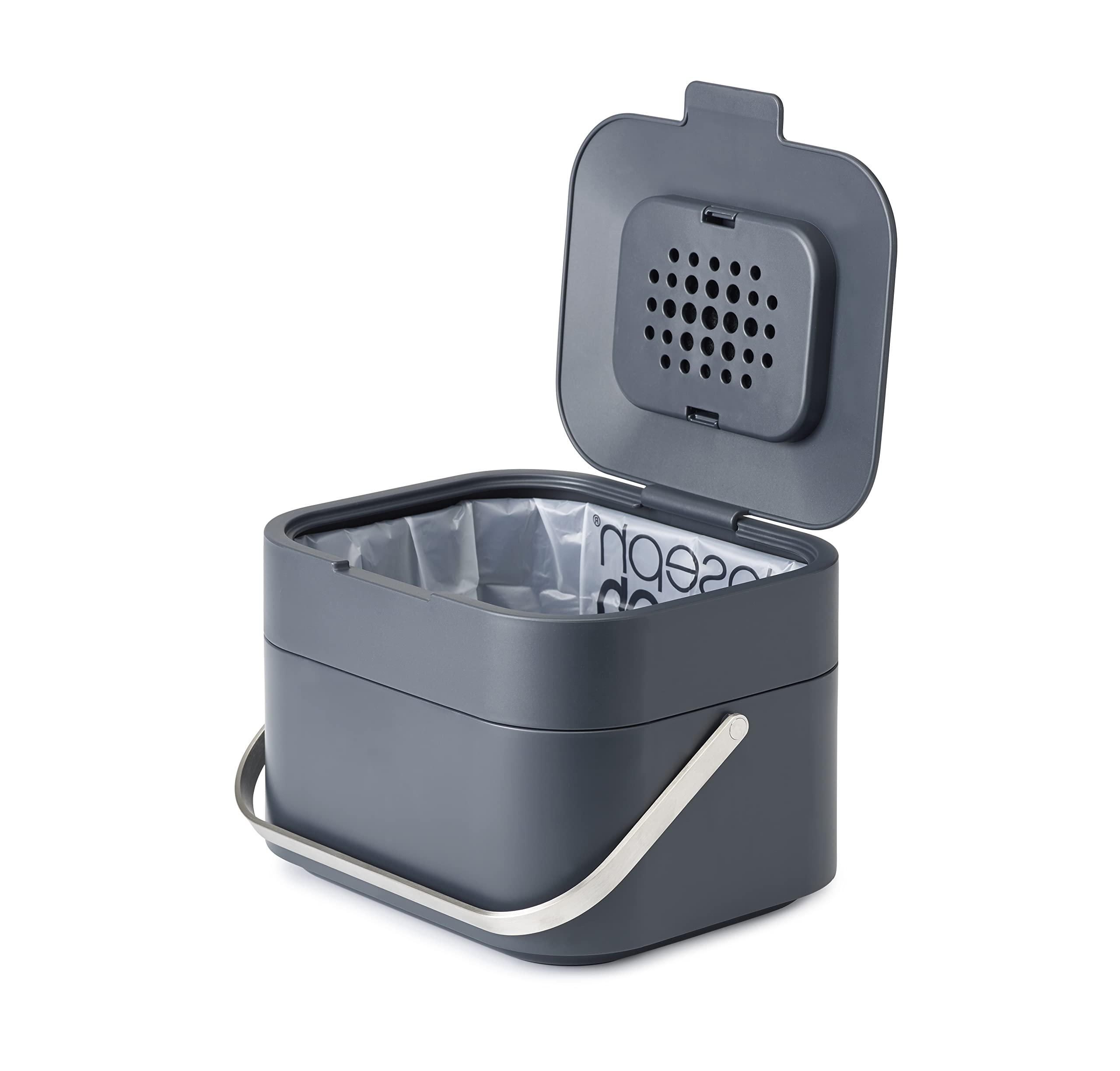 Joseph Joseph Stack 4 Liter/1 Gallon Food Waste Caddy with Odour Filter, Graphite & Joseph Joseph IW2 Biodegradable, Compostable Bags, Pack of 50 Food Waste Bin Liners (4 Liter), White