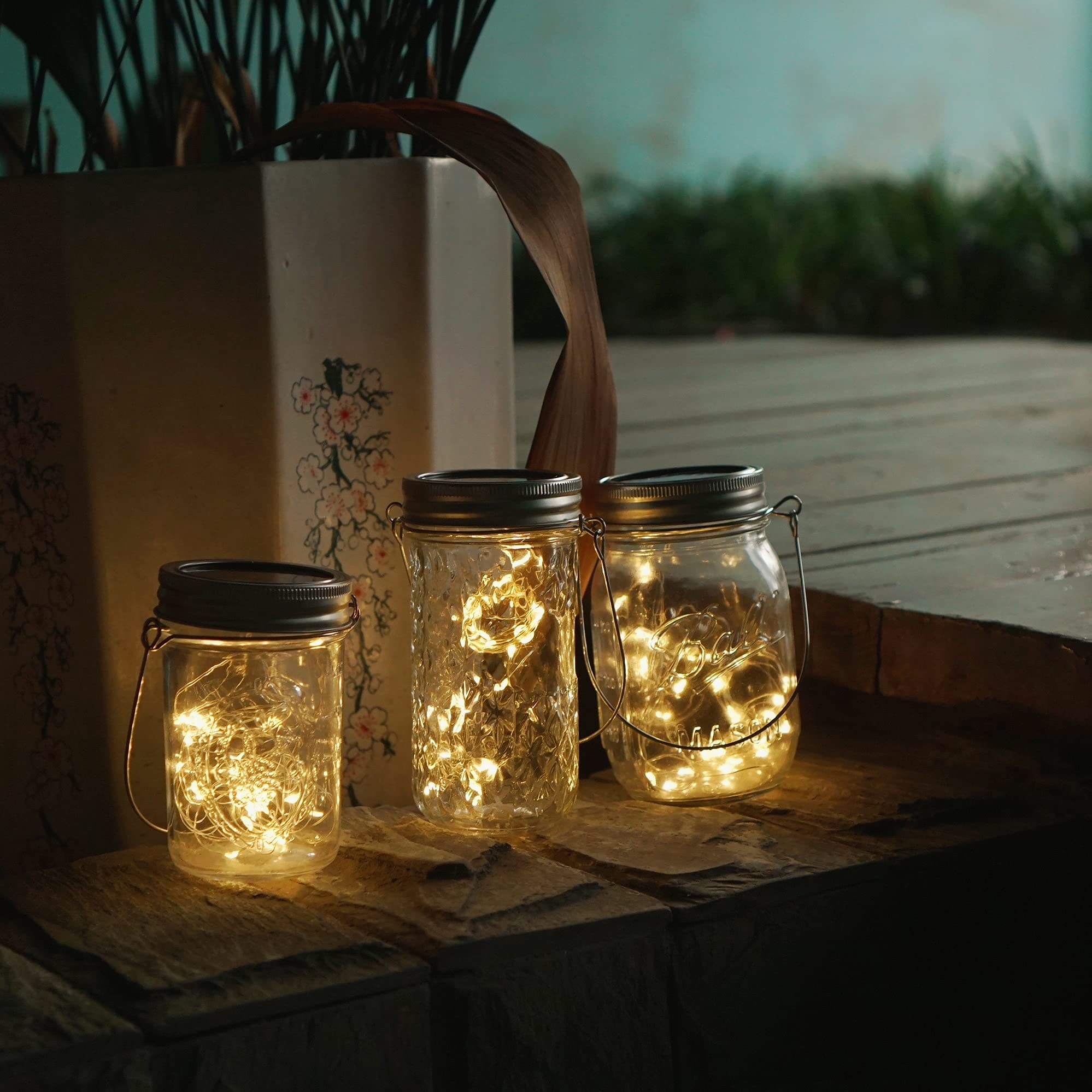 Decorman Solar Mason Jar Lights, 4 Pack 30 LED Fairy Star Firefly String Lids Lights with 4 Hangers for Patio Yard Garden Party Wedding Christmas Decoration(Jars Not Included) (4 Pack, Warm White)