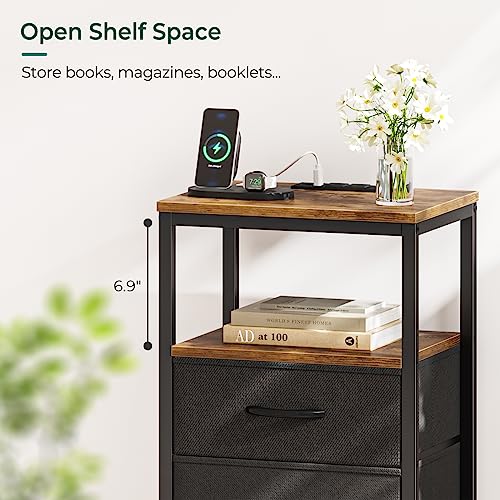Huuger Nightstand with Charging Station, Side Table with Fabric Drawers, End Table with Open Shelf, Bedside Table with USB Ports and Outlets, Night Stand for Bedroom, Rustic Brown