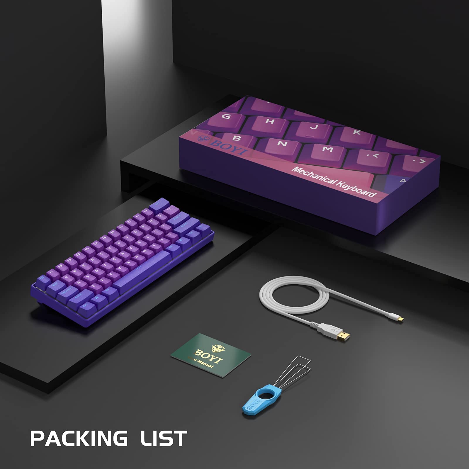 BOYI 61 Mini Mechanical Keyboard,60% Mini RGB PBT Keycap Cherry MX Switch Compact RGB Mechanical Gaming Keyboard (Purple Color,Cherry MX Silent Red Switch)