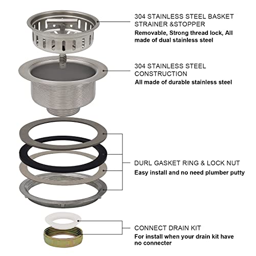 EADOT 3-1/2 Inch Brushed Nickel Sink Strainers for Kitchen Sink, Stainless Steel Kitchen Sink Drain Strainer Assembly with Strainer Basket And Drain Stopper, US Standard Kitchen Sink Drain Replacement