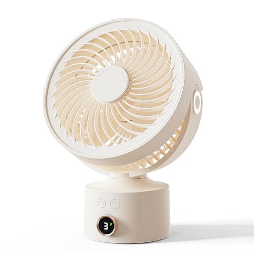 CARONSORT Desk Fan, Small Oscillating Fan for Bedroom, 9 Inch Table Fans Quiet,Desk Air Circulator Fan with 3 Speeds, 4H Time, Rechargeable Fan for Office/Dorm/Room-Beige