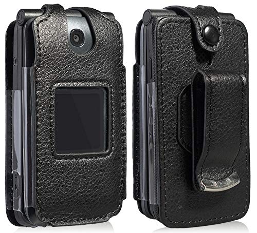 Case for Go Flip Phone, Nakedcellphone [Black Vegan Leather] Form-Fit Cover with [Built-in Screen Protection] and [Metal Belt Clip] for Alcatel Go Flip V, MyFlip, QuickFlip, AT&T Cingular Flip 2