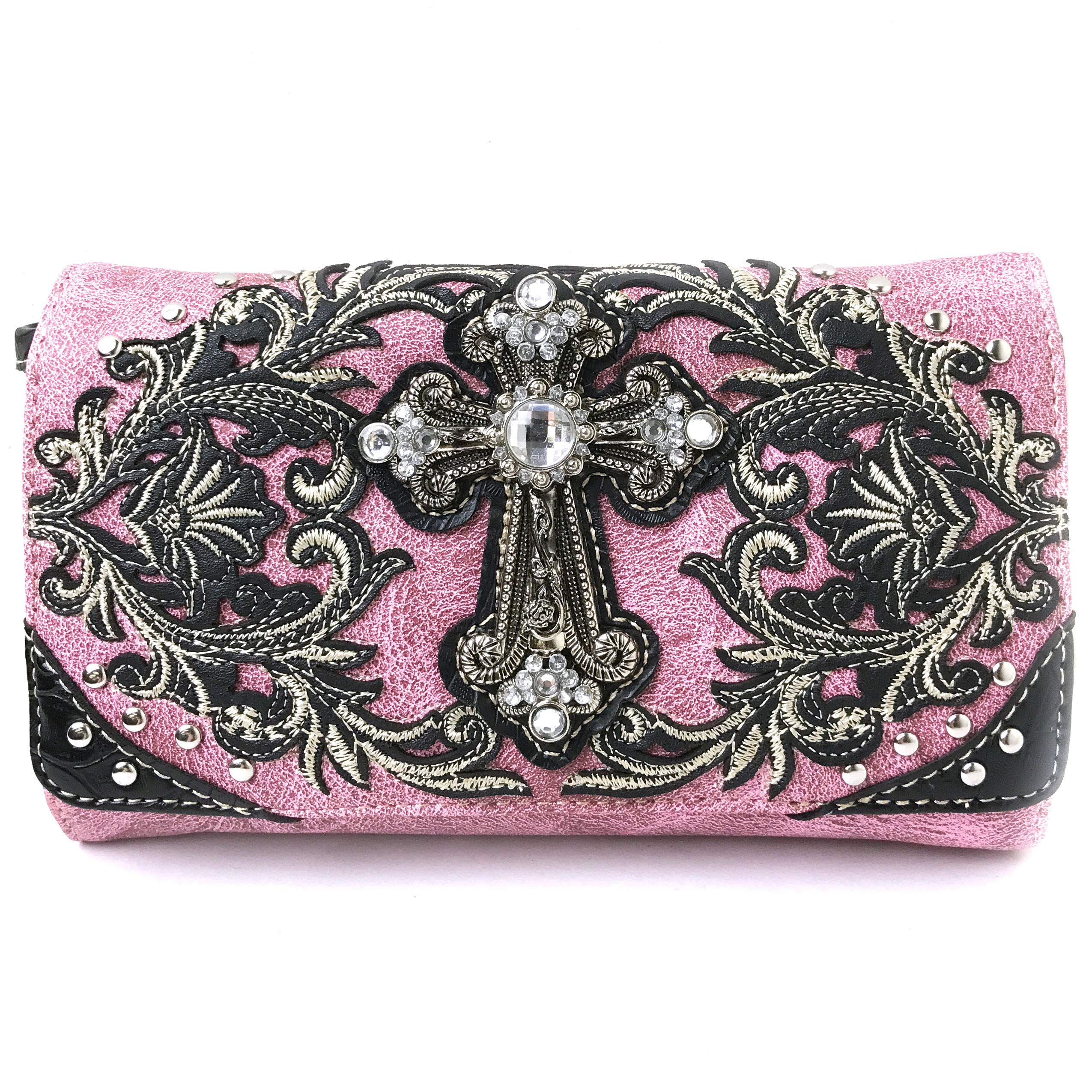 Justin West Concealed Carry Vineyard Western Embroidered Tooled Cross Handbag (Light Pink - Wallet ONLY)