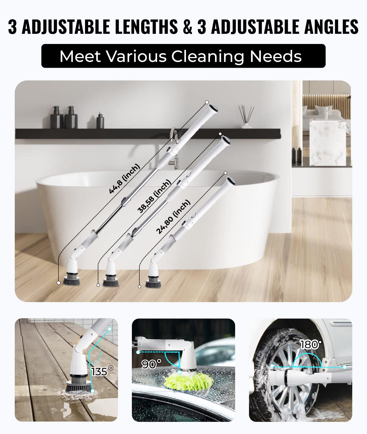 Electric Spin Scrubber, Cordless Bathtub Power Scrubber with Long Handle & 9 Replaceable Heads, Detachable As Short Handle, Shower Cleaning Brush Household Tools for Bathroom & Tile Floor, Car.