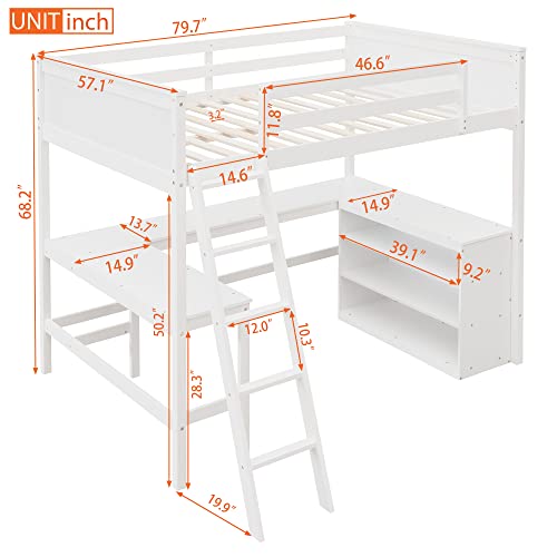 GYYBED Full Size Wooden Loft Bed with 3 Storage Shelves and Built-in L-Shape Desk for Kids Teens Adults Full Size loft Bed with Desk Full Size loft Bed loft Bed with Desk(White + Wood)
