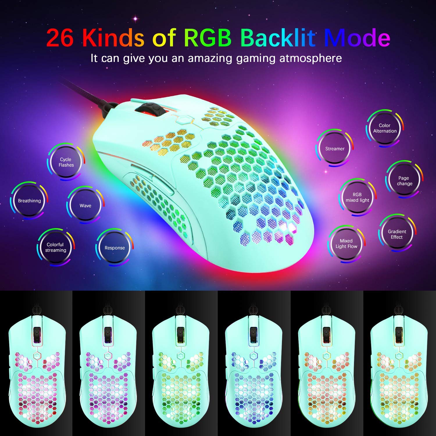 GK61Pro Mechanical Gaming Keyboard and Model Mouse Combo,Wired 18 Chroma RGB Backlit 62key Anti-ghosting Honeycomb Gaming Mouse 12000 DPI Ergonomic for Windows PC Gamers Typists(Blue/Blue Switch)