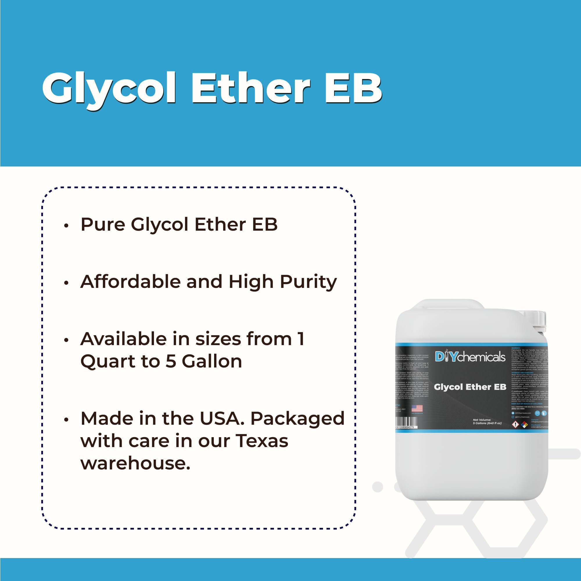 DiyChemicals Glycol Ether EB - Used in Paint and Coatings, Hard-Surface Cleaners, Polishes, Solvents, Chemical Intermediates, Surfactants - Made in USA (5 Gallon)