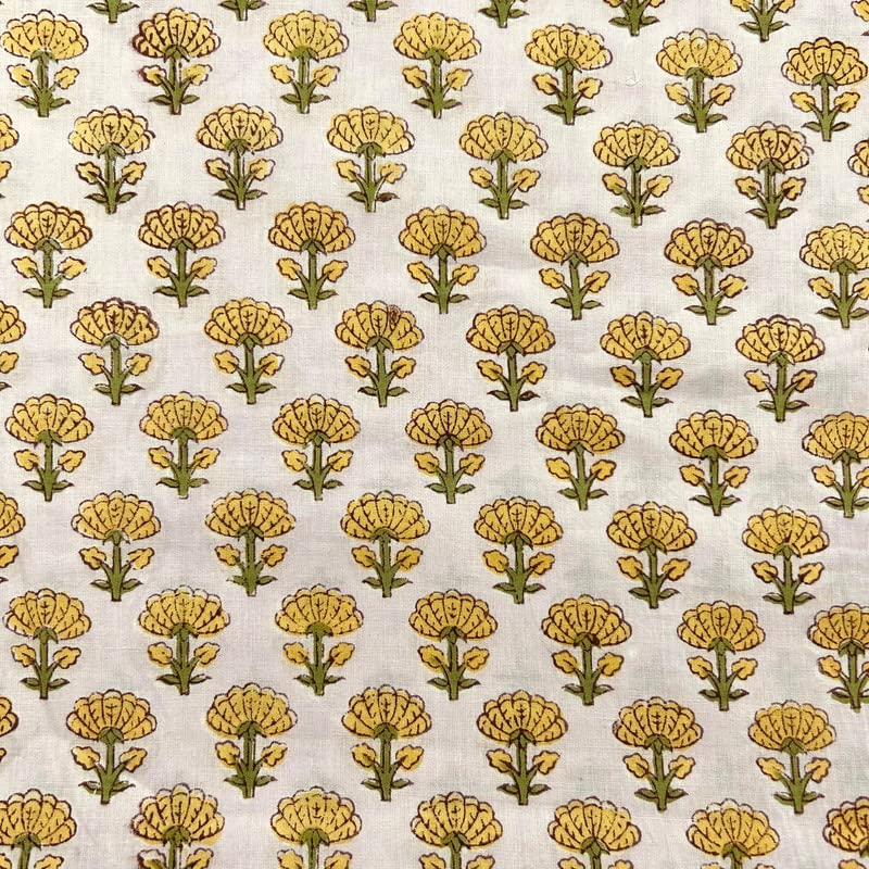 E-Tailor® Cotton Fabric India Hand Block Print Floral Fabric Ideal for Dress Making, Craft and Arts, Patchwork, Quilting, Doll Making, DIY Craft-1 Yard- Floral -Parchment