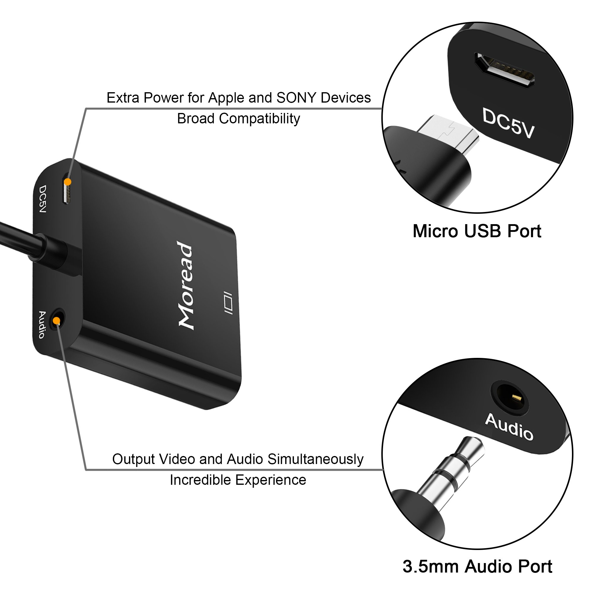 Moread HDMI to VGA with Audio, Gold-Plated Active HDMI to VGA Adapter (Male to Female) with Micro USB Power Cable & 3.5mm Audio Cable for PS4, MacBook Pro, Mac Mini, Apple TV and More - Black