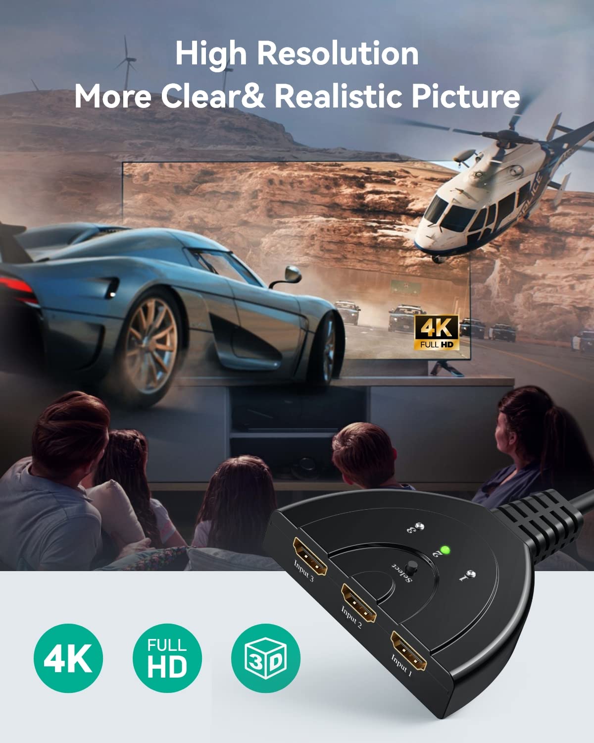 HDMI Switch 4K, VILCOME 3 Port HDMI Switcher 3x1 HDMI Splitter Hub 3 in 1 Out with Pigtail Cable Supports 4K 3D HD 1080P for Xbox PS4 Roku HDTV