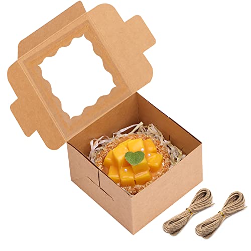 Moretoes 30 Pack Mini Cookie Boxes 4 Inch Bakery Boxes with 66ft Twine Small Brown Kraft Cake Boxes with Window for Cupcakes, Pies, Donutsďź4x4x2.5 Inchďź