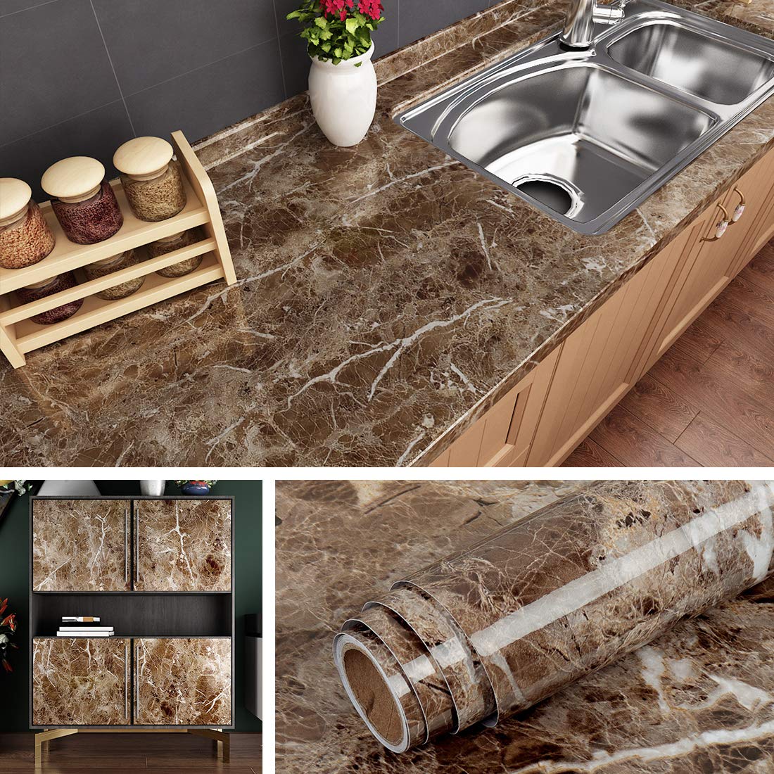 Livelynine Counter top Covers Peel and Stick Brown Marble Contact Paper for Countertops Waterproof Wallpaper for Kitchen Counter Top Table Desk Covering Bathroom Faux Marble Vinyl Wrap 15.8"X78.8"