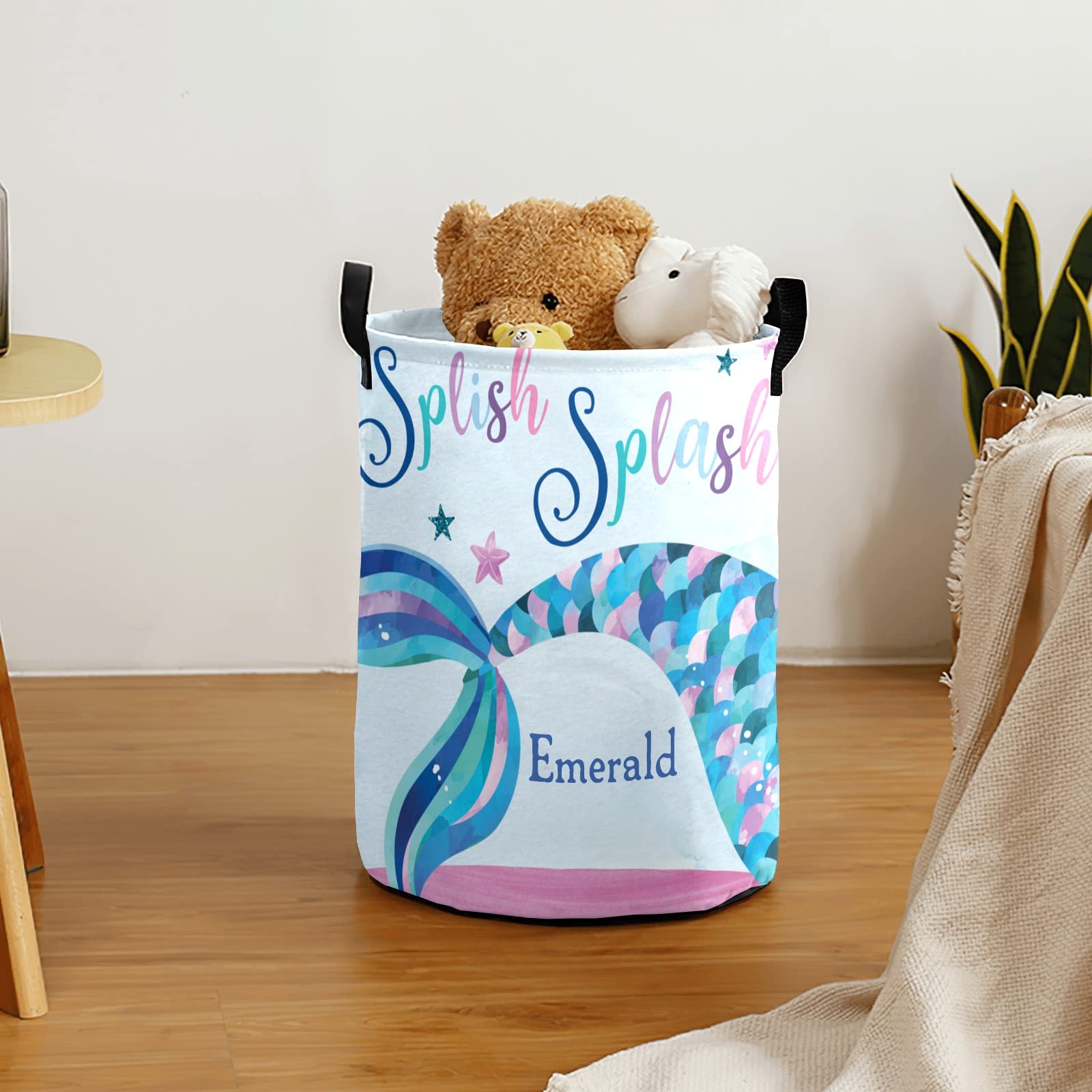 Custom Fantasy Watercolor Mermaids Laundry Basket Handles Collapsible Hamper Foldable Storage Bin Living Room Office Bathroom Bedroom