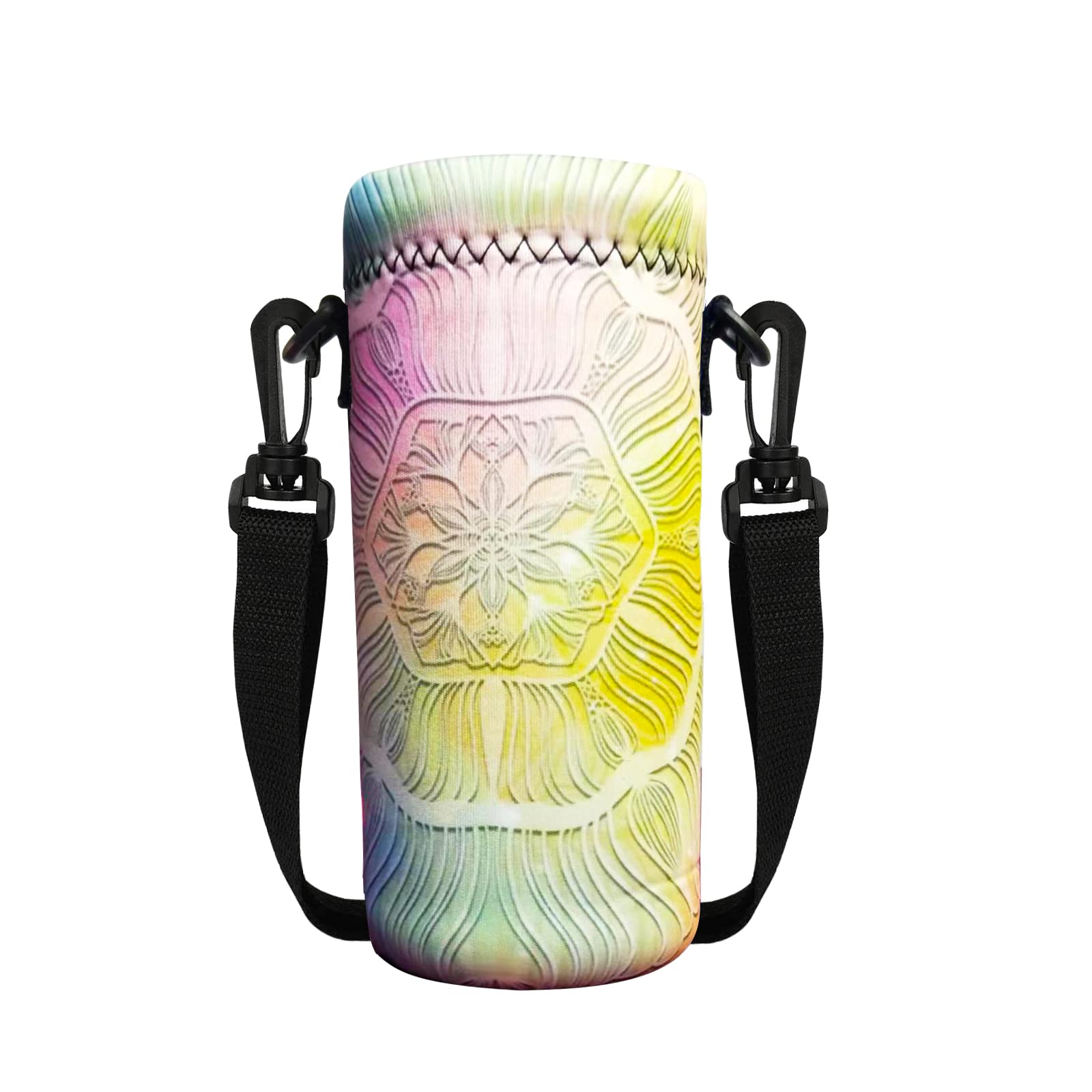 HEABPY Neoprene Water Bottle Carrier ,Water Bottle Strap,Fits 500ml 750ml 1000ml Glass, Plastic, Meta Bottle, Holder with Shoulder Strap,Pouch, Pocket & Carrying Handle (1000ML, Colorful Mandala)