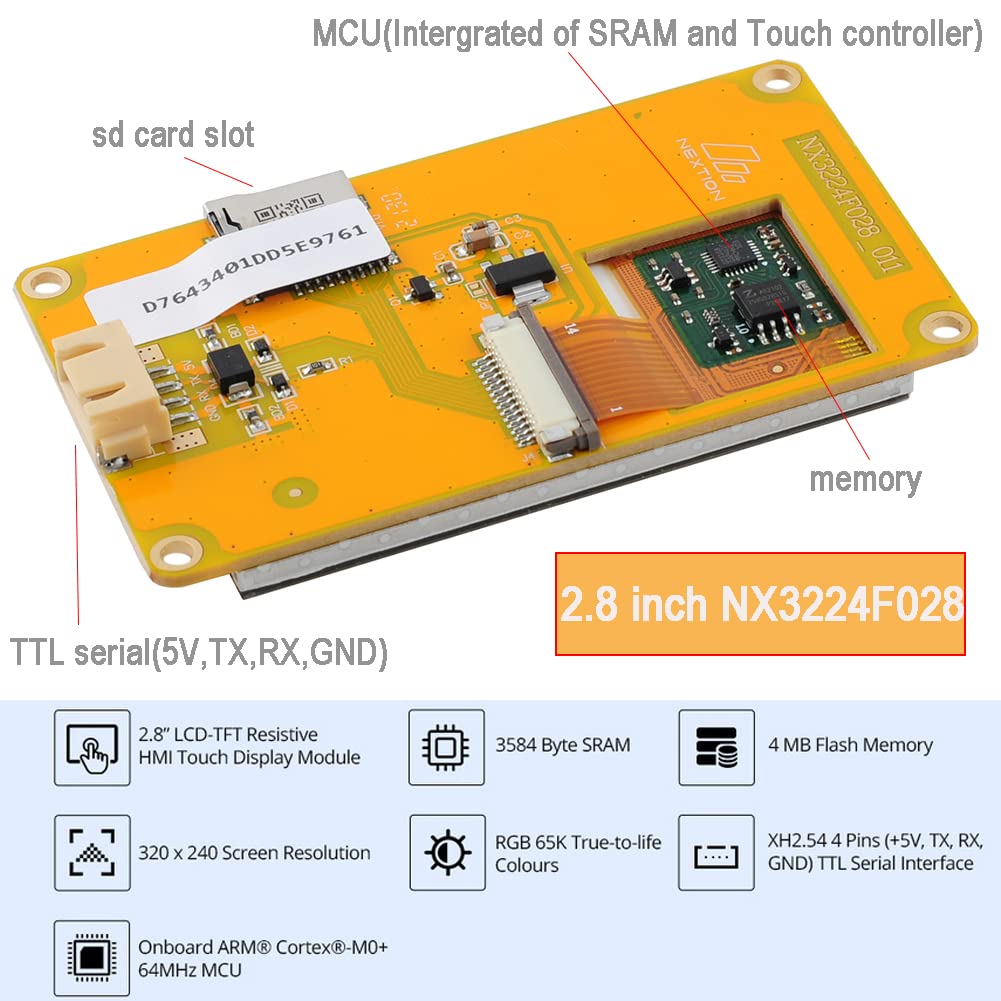 DIYmalls Nextion Discovery 2.8 inch HMI Display 5V TFT LCD Resistive Touch Screen 320x240 64MHz MCU 4MB Flash for Arduino ESP32 ESP8266 (NX3224F028)