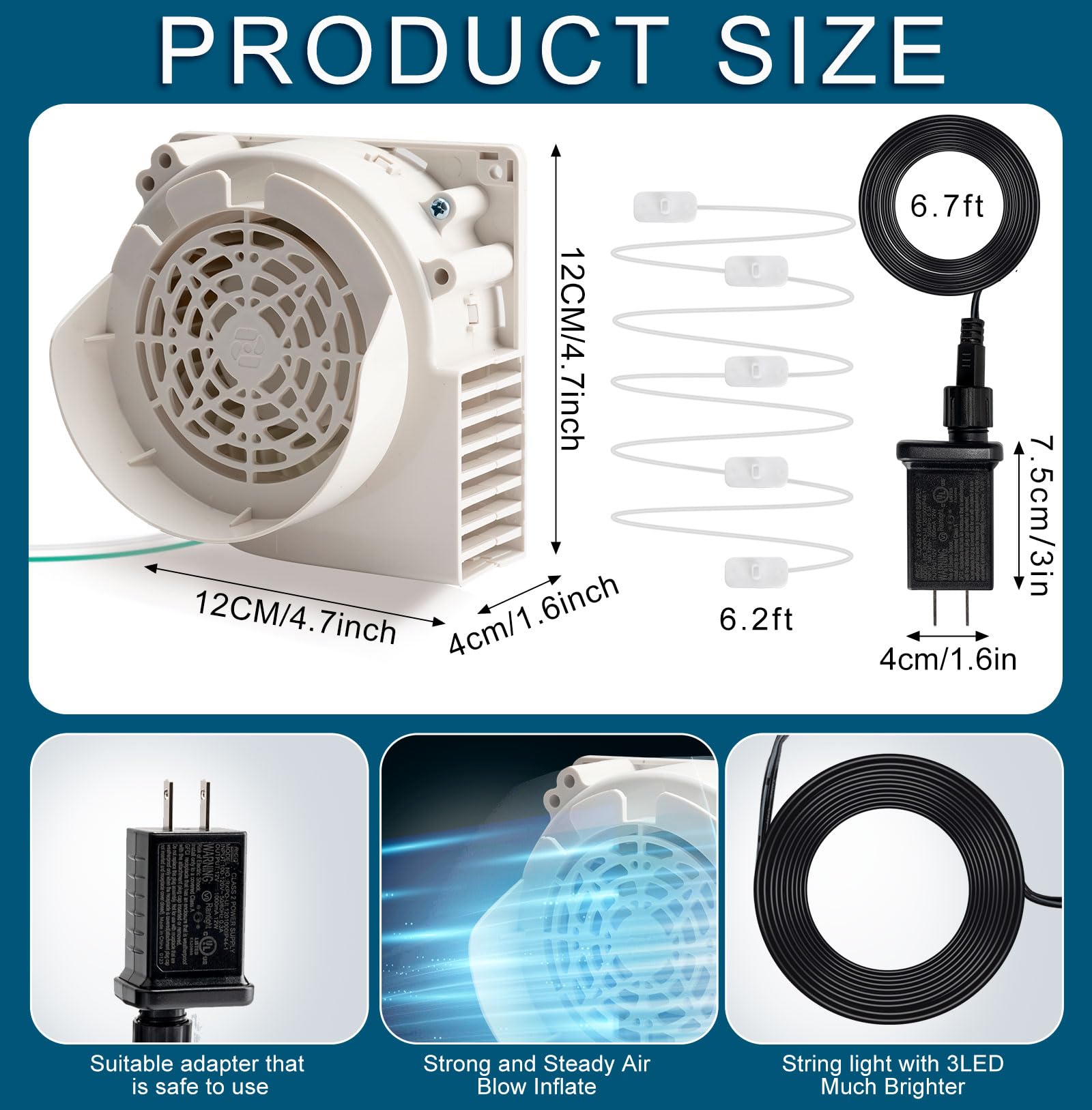 Ceenna 2 Set Air Blower for Inflatables Replacement, White Inflatable Motor Fan Blower with 3 LED Light String and Adapter for Christmas Yard Indoor Outdoor Xmas Holiday Decorations (12V 1.5A)