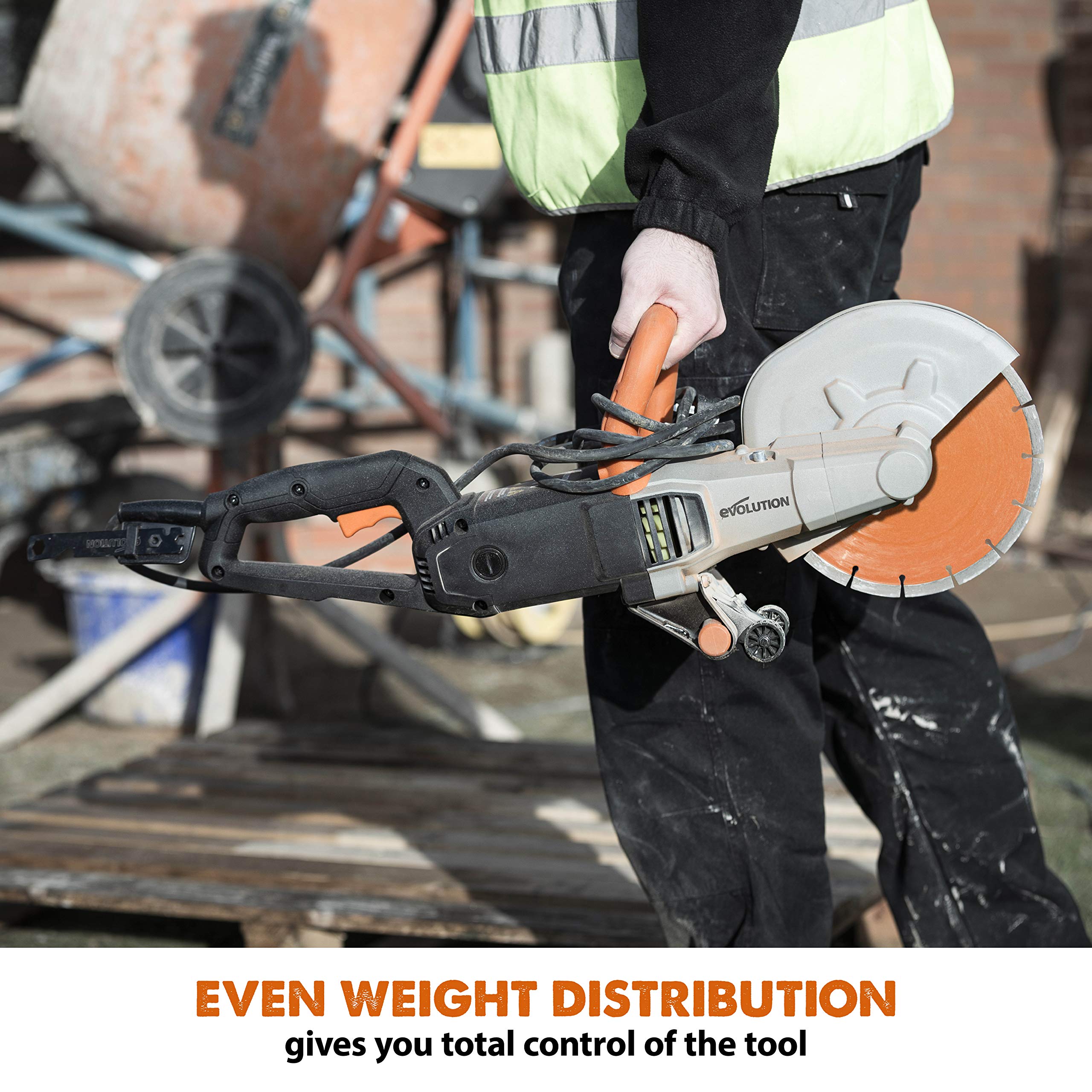 Evolution R255DCT - 10 In Concrete Saw (Aka Circular Saw, Angle Grinder, Chop Saw, Cut Off Saw, Demo Saw, Disc Cutter, Power Cutter) - 15A Motor, No Gas - 4-1/16 In Cut - Incl Premium Diamond Blade