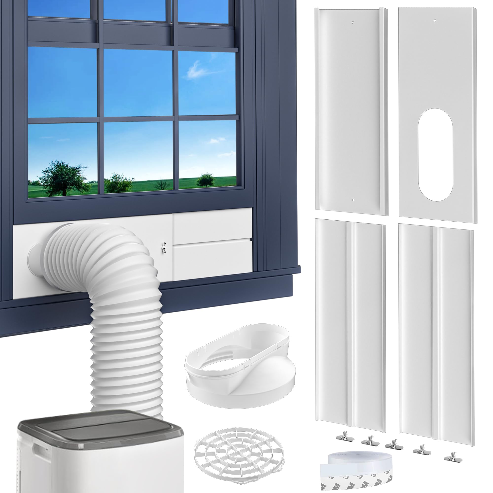 Cestluck Portable AC Window Vent Kit, with 5.9” Exhaust Hose, 5.9" Coupler and Bird Guard, Adjustable Air Conditioner Window Seal Kit Length Range (17” to 63”), Universal Sliding AC Vent Kit