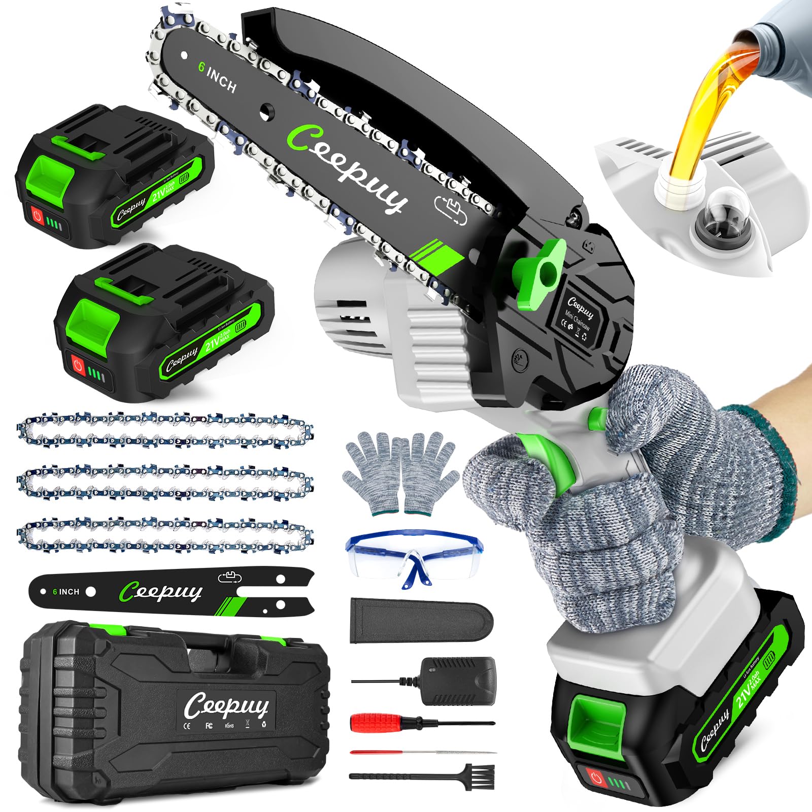 CEEPUY Mini Chainsaw Cordless,6 Inch Portable Electric Chain Saw w/ Automatic Oiler, Battery Powered Small Handheld Saw w/ Security Lock Trees Branches Trimming, Wood Cutting, 2 Batteries 3 Chains