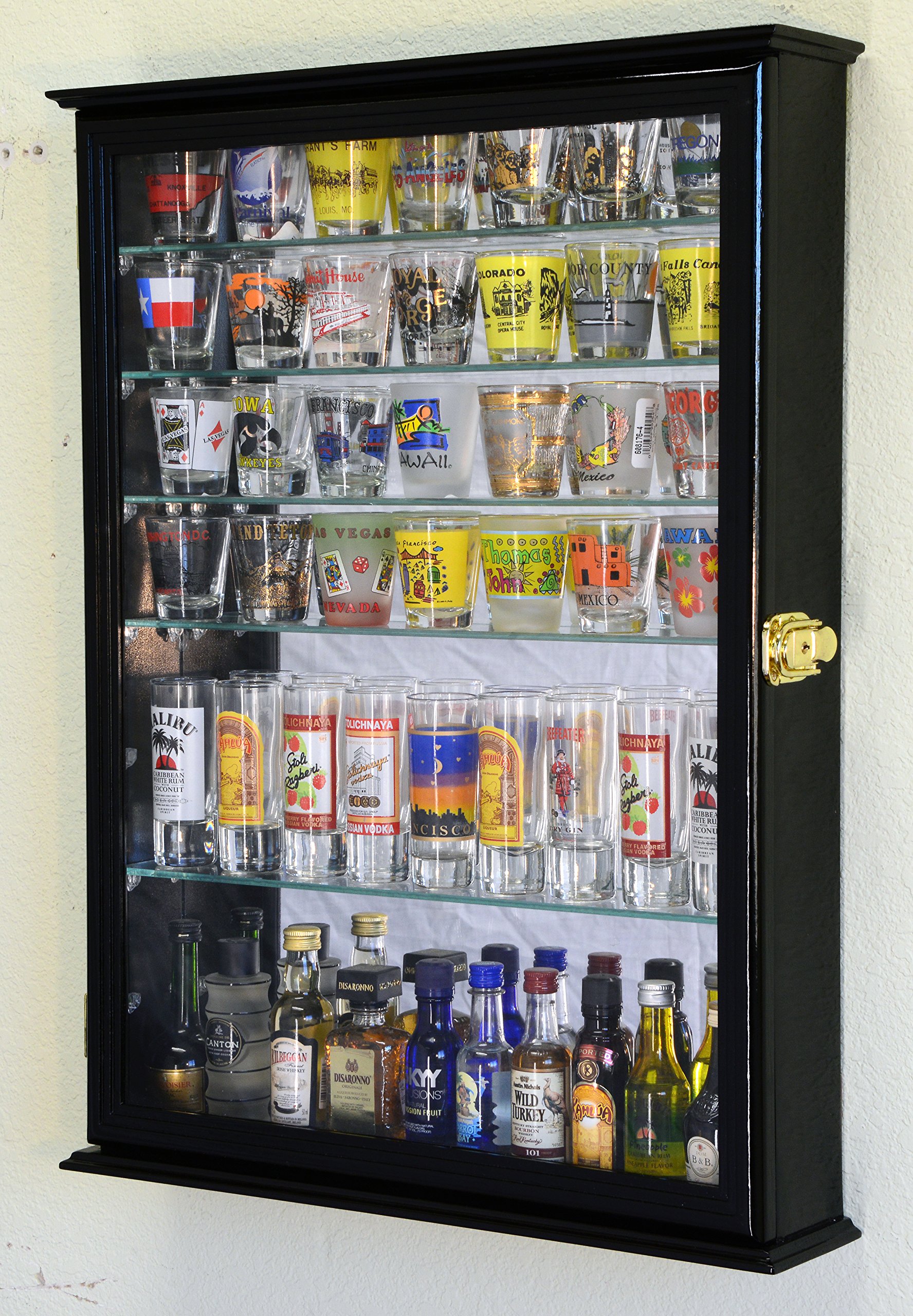 Large Mirror Backed and 7 Glass Shelves Shot Glasses Display Case Holder Cabinet , Black