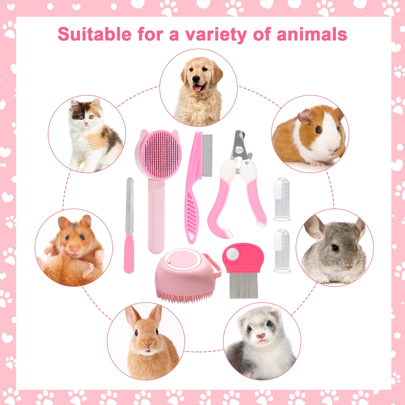 VCZONE 8 Pcs Cat Brush Grooming Kits, Pet Self Cleaning Kit with Pet Nail Clipper and File, Flea Comb, Pet Shampoo Bath Brush, Pet Shedding Brush, Silicone Toothbrush (Pink)