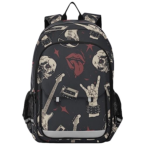 Glaphy Rock Music with Skulls Guitar Backpack School Bag Lightweight Laptop Backpack Student Travel Daypack with Reflective Stripes