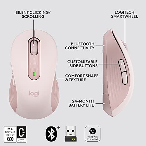 Logitech Signature M650 Wireless Mouse - For Small to Medium Sized Hands, 2-Year Battery, Silent Clicks, Customizable Side Buttons, Bluetooth, for PC/Mac/Multi-Device/Chromebook - Rose