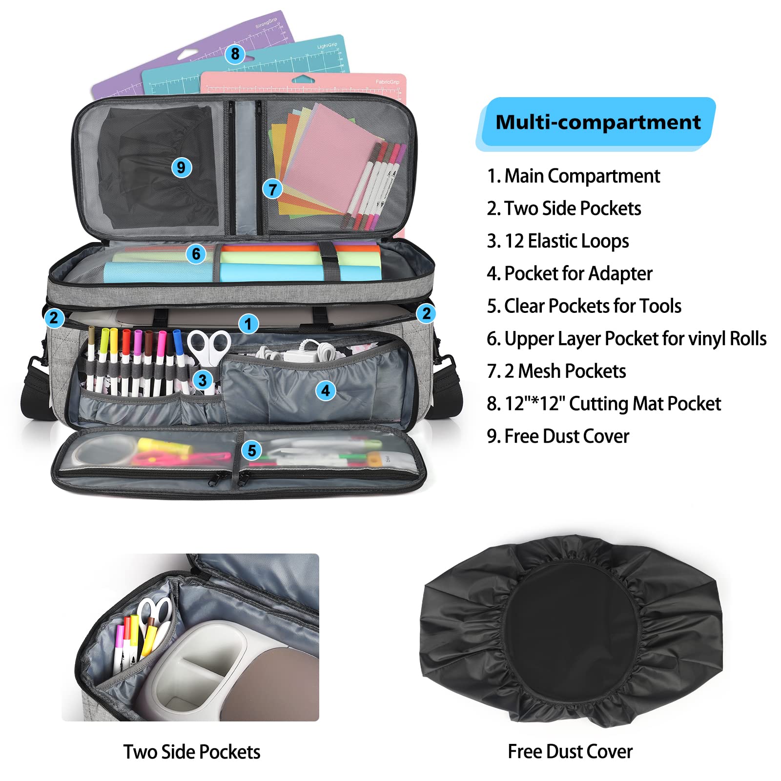 Carrying Case for Cricut Maker, Maker 3, Explore Air, Air 2, Silhouette Cameo 4 and Accessories, Double Layer Water-Resistant Storage Tote Bag for Die Cut Machine with Dust Cover (Bag Only), Grey