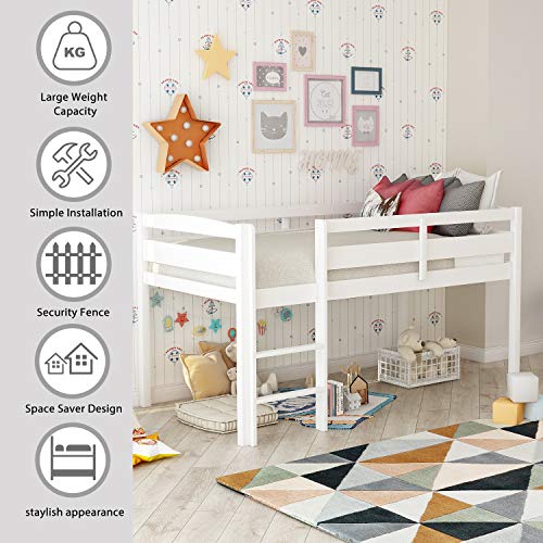 Merax LUMISOL Junior's Low Loft Bed for Kids, Twin Loft Bed with Guard Raill and Built-in Ladder, Bed Bedroom Furniture (White)