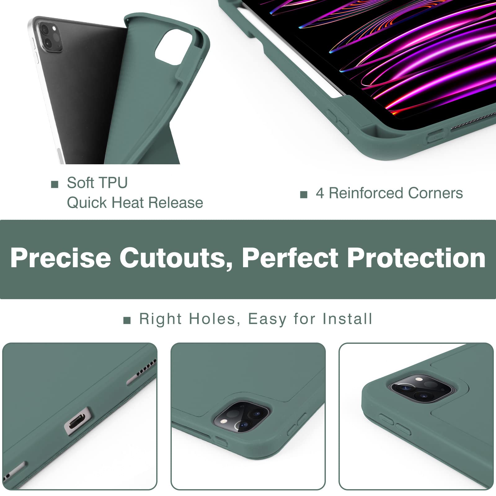 Dwopar for iPad Pro 11 Inch Case 4th Generation 2022/ 3rd Generation 2021/ 2nd Generation 2020 with Pencil Holder, Smart Trifold Stand Protective Case,Slim TPU Back, Auto Wake/Sleep Cover(Dark Green)
