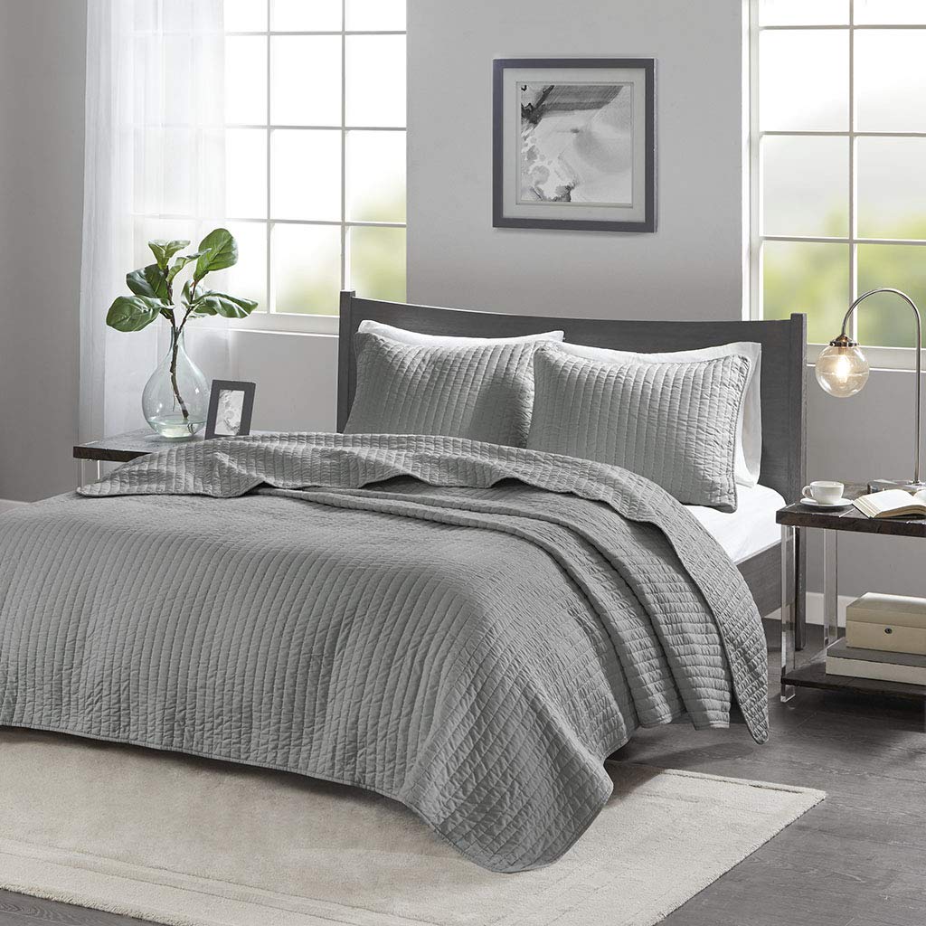 Madison Park Keaton Quilt Set-Casual Channel Stitching Design All Season, Lightweight Coverlet Bedspread Bedding, Shams, Twin/Twin XL(68"x90"), Stripe Grey, 2 Piece