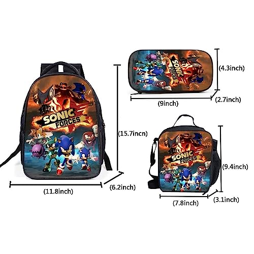 IKBAGVBK Anime Super 3 Piece Kids Backpack Set,Superhero Knuckles Boys Girls Study Schoolbag,Hedgehog Bookbag with Lunch Box & Pencil Case Combo Set