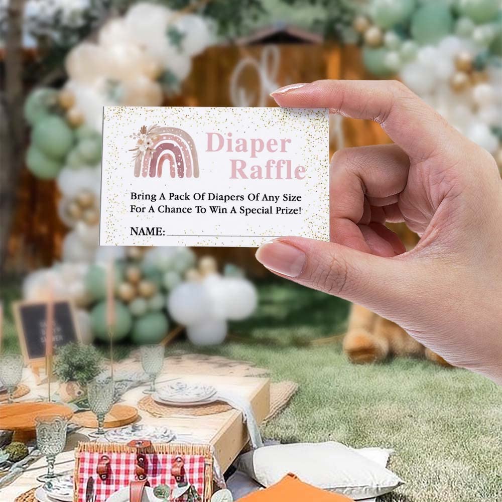 Diaper Raffle Baby Shower Game, 1 Standing Sign and 50 Tickets, Boho Rainbow Raffle Insert Ticket, Gold Diaper Raffle Ticket, Baby Showers Decorations
