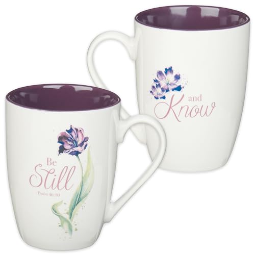 Christian Art Gifts Ceramic Scripture Coffee Mug for Women 12 oz Purple Tulip Inspirational Bible Verse Mug - Be Still and Know - Psalm 46:10 Microwave and Dishwasher Safe Comforting Coffe Mug