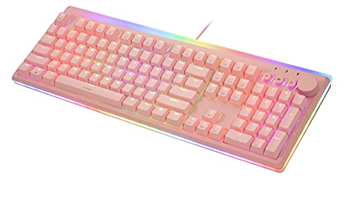 i-rocks K71M RGB Mechanical Gaming Keyboard with Media Control Knob, Gateron Switches (Brown), 104 Keys w/Full NKRO, PBT Keycaps, Multimedia Hotkeys, Detachable USB-C Cable and Onboard Storage, Pink