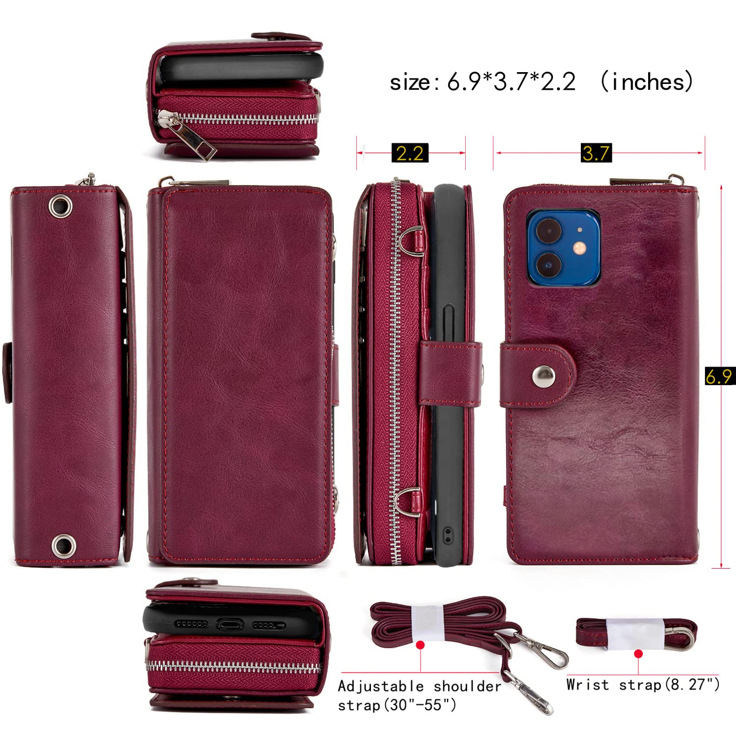 MODOS LOGICOS Crossbody Bag for iPhone 13 6.1", [Shoulder Wrist Straps] [Zipper Storage] [11 RFID Card Slots 3 ID Window] PU Leather Purse with Removable Inner Magnetic TPU Case - Wine Red