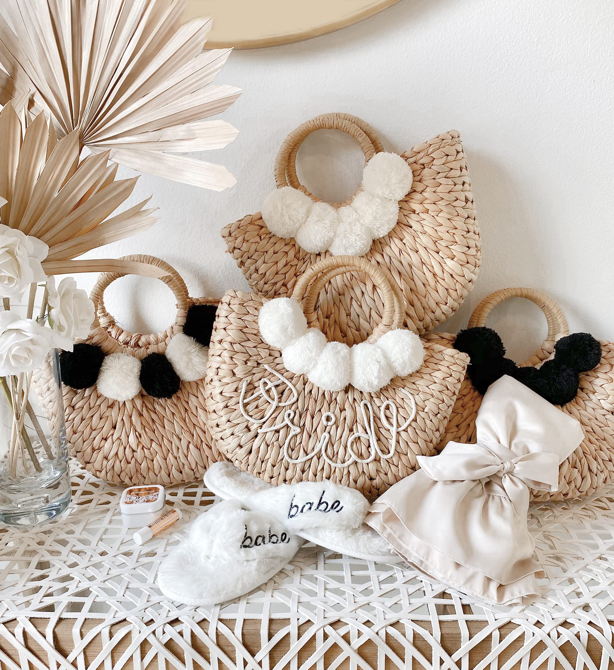 ModParty Boho Chic Straw Bag with Pom Poms Hand-Woven Sound Handle Purse Summer Beach Bag for Women (White Pom Poms)