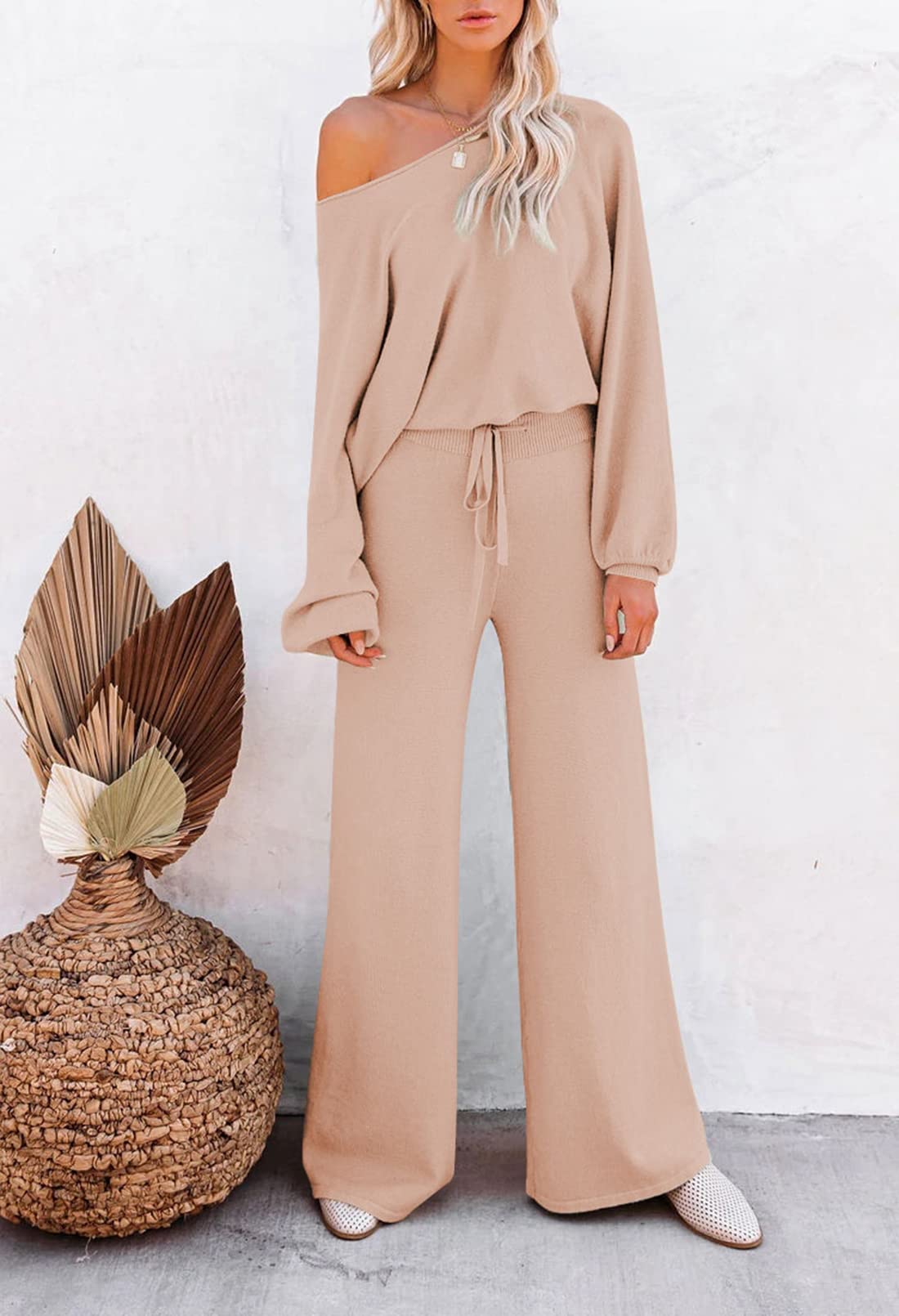 Ceuplon Women’s Two Piece Outfits Long Sleeve Knit Top Wide Leg Pants Sweatsuit Loungewear Sweater Set Beige M