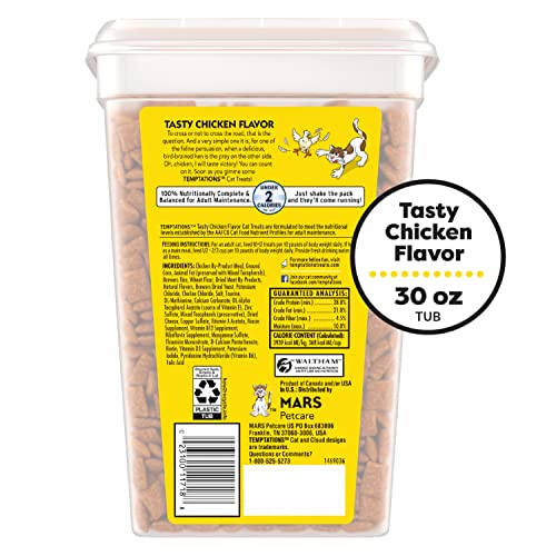 TEMPTATIONS Classic Crunchy and Soft Cat Treats Tasty Chicken Flavor, 30 oz. Tub (Packaging May Vary)