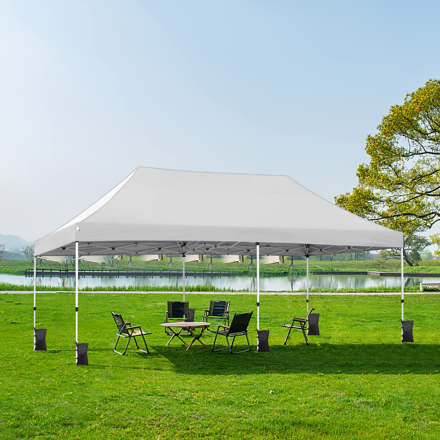 CAJECUS 10' x 20' Pop Up Canopy, Durable Easy Beach Canopy Tent, Waterproof Outdoor Canopy with 3 Adjustable Height, Roller Bag, 6 Sand Bags, 4 Ropes and 8 Stakes