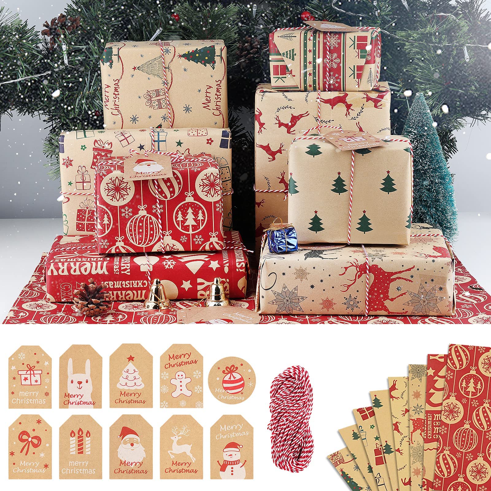 BOENFU Christmas Wrapping Paper, 8 Sheets Recyclable Kraft Paper for Xmas, 70x50CM in Folded Gift Wrap Paper
