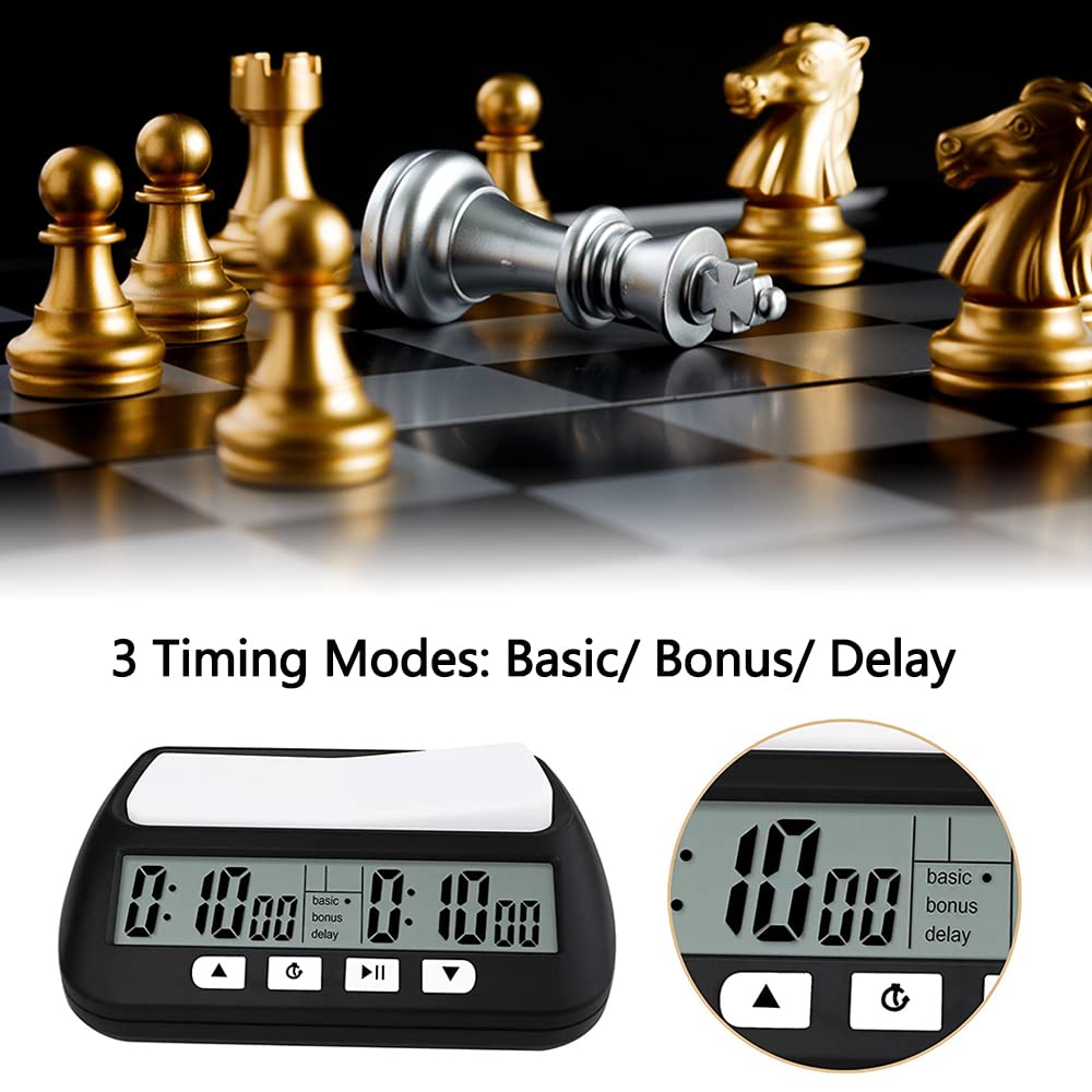 MOSTRUST Chess Clock Digital Chess Timer Professional for Board Games with Alarm, 3-in-1 Multifunction Portable Chess Clock, 2 AA Battery Included (Black)