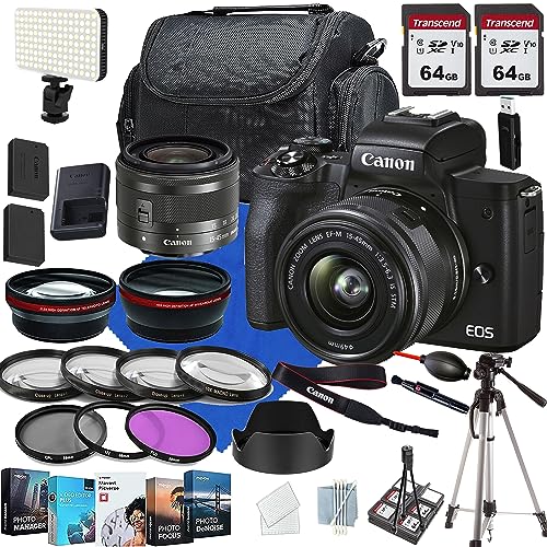 Canon EOS M50 Camera with Canon EF-M 15-45mm f/3.5-6.3 Lens + Commander Starter Kit + Lens Filters + CASE + 64GB Memory Card+Extra Battery+LED Light+Photo Software(30PC Bundle)
